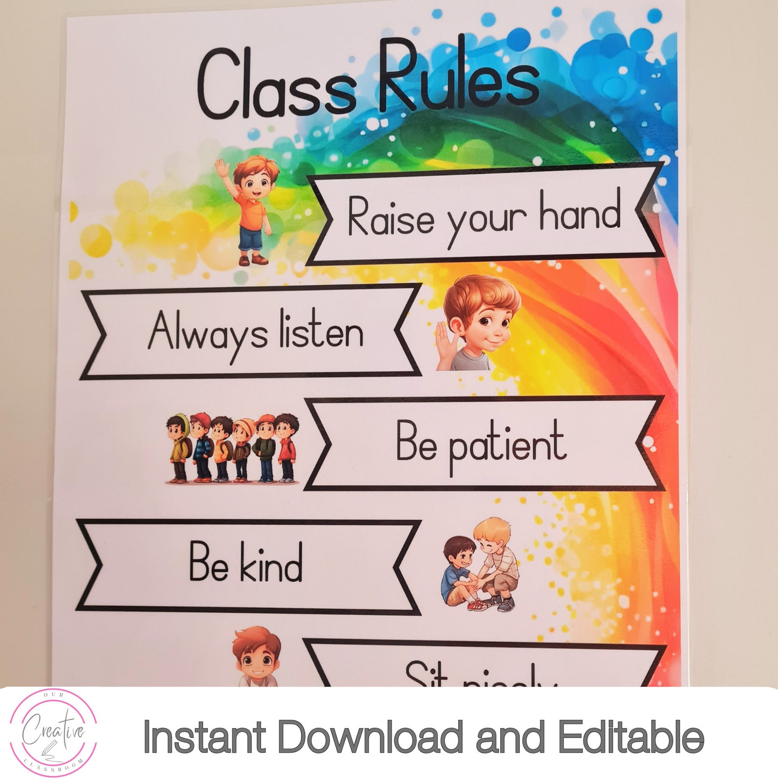 Rainbow Themed Classroom Rules Posters Printable - Class Rules for ...