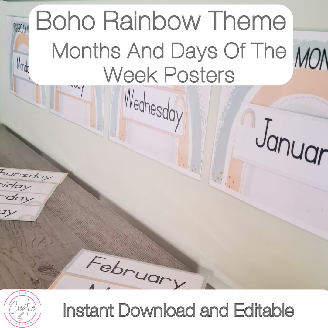 BOHO RAINBOW Classroom Days Months Posters Editable Pastel Rainbow ...