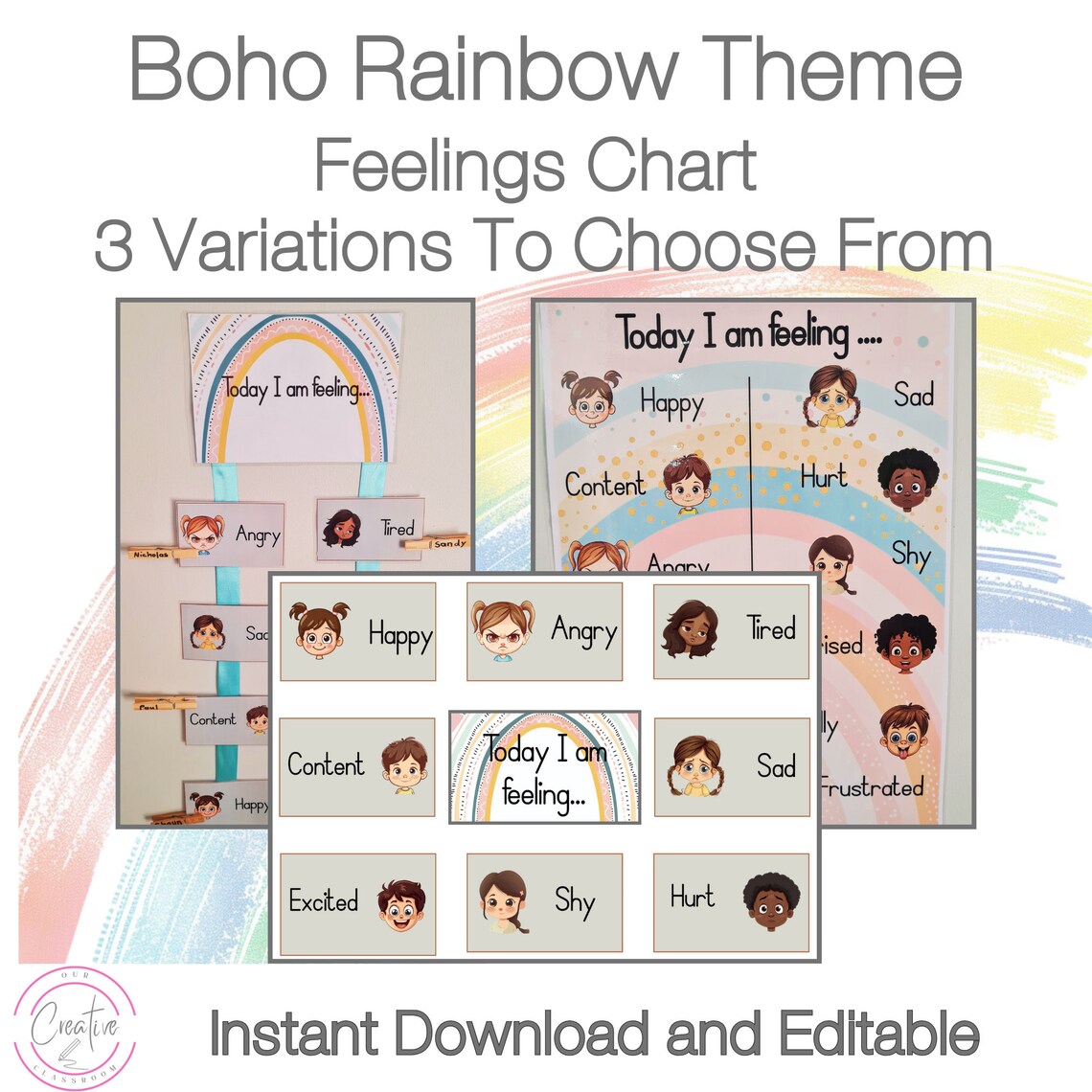 BOHO RAINBOW Affirmation Station and Feelings Chart Positive ...
