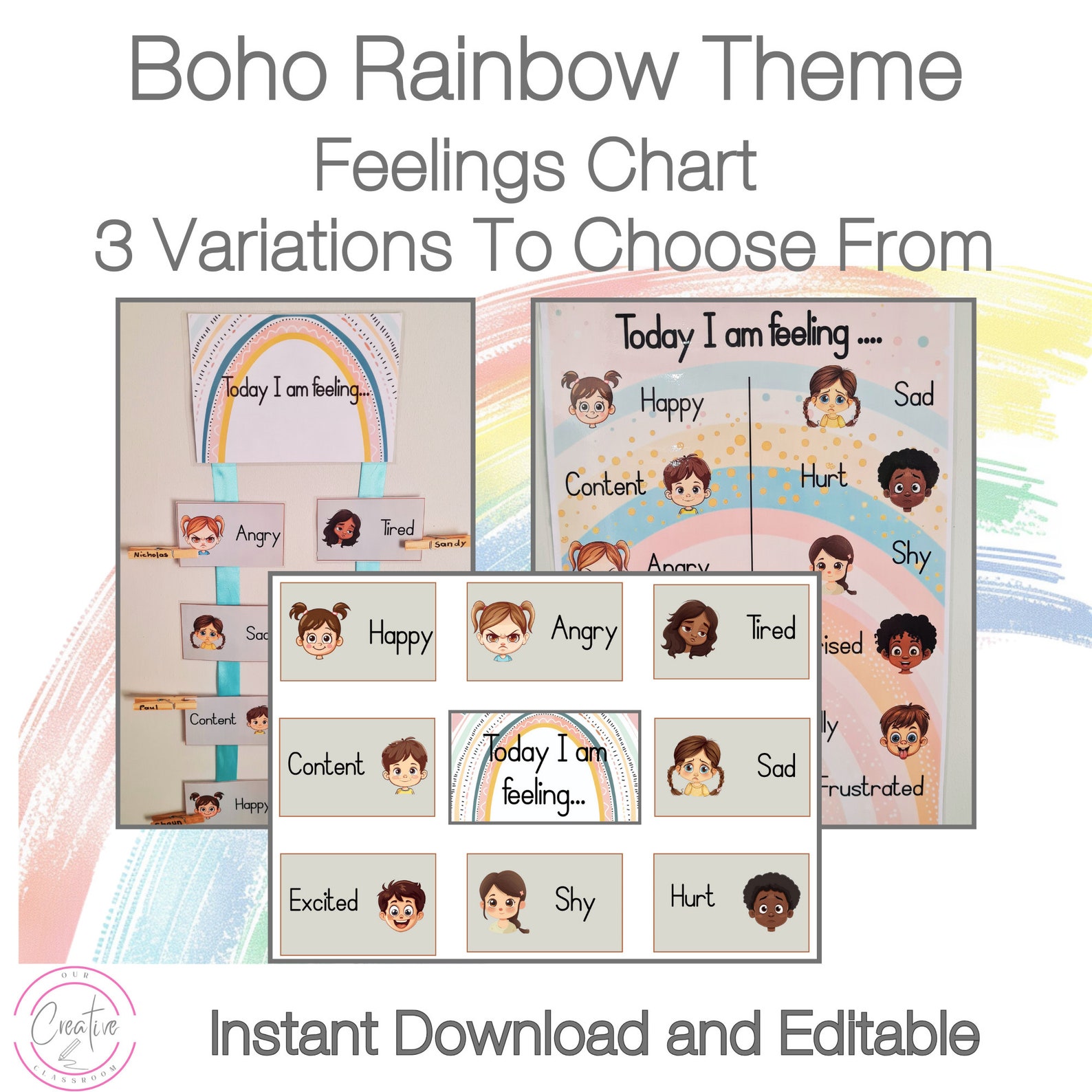 BOHO RAINBOW Affirmation Station and Feelings Chart | Positive ...