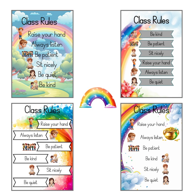 Rainbow Themed Classroom Rules Posters Printable - Class Rules for ...