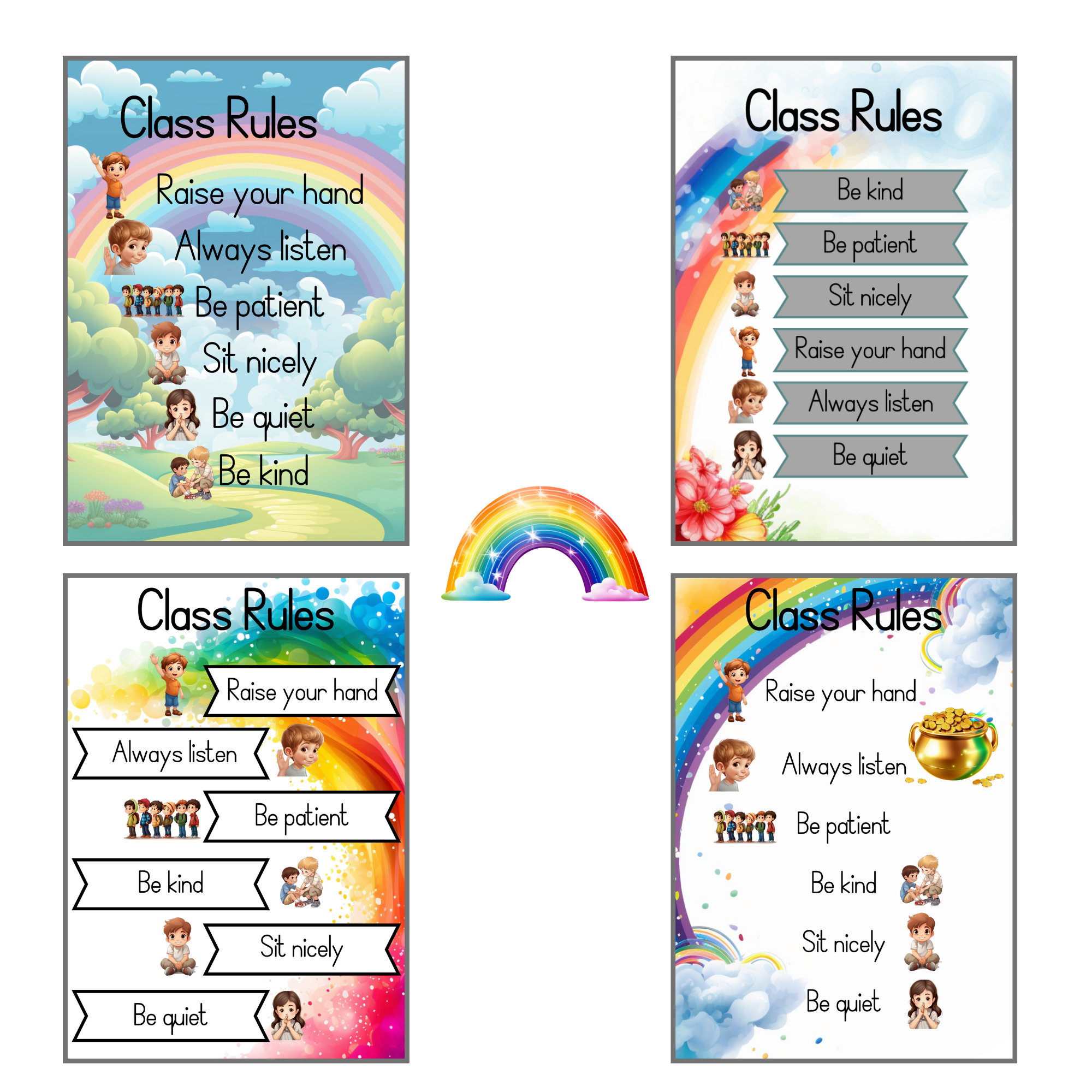 Rainbow Themed Classroom Rules Posters Printable - Class Rules for ...