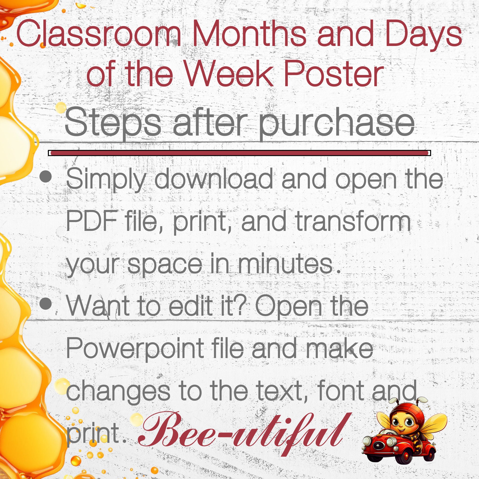 Bee Themed Classroom Days of the Week Poster Printable & Months of the ...