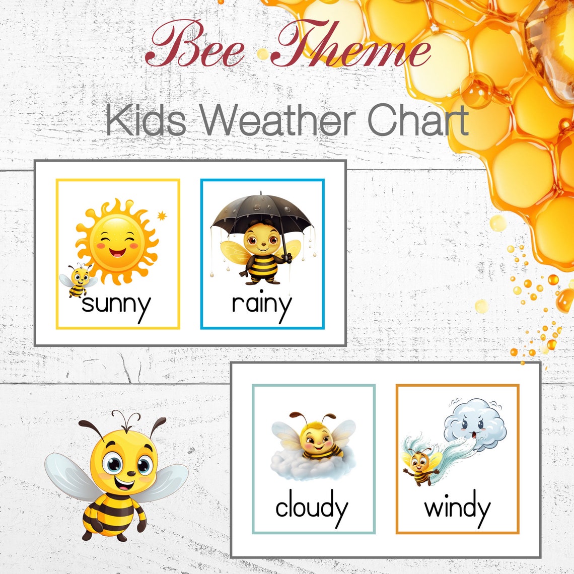 Bee Themed Classroom Kids Weather Chart Printable All Seasons Posters ...