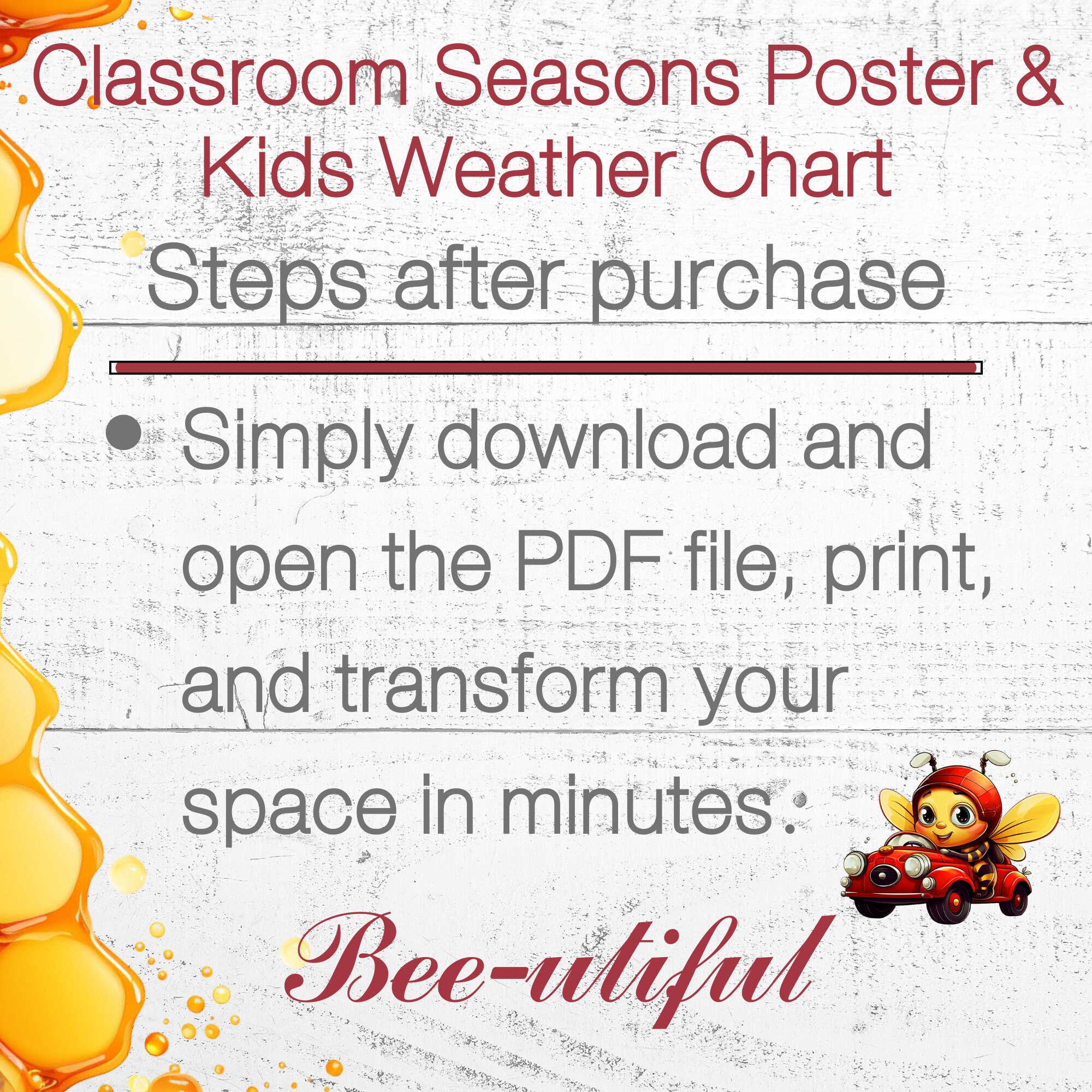 Bee Themed Classroom Kids Weather Chart Printable All Seasons Posters ...