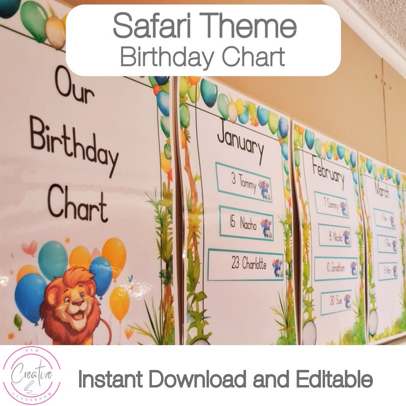 Safari Theme Classroom Birthday Chart Ideas Printable - Birthday Charts ...