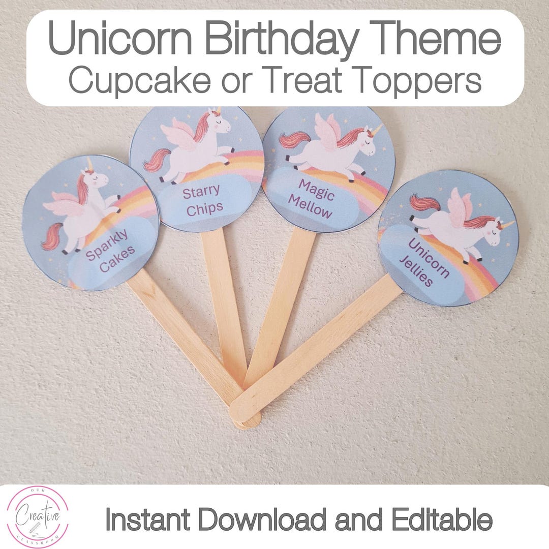 Unicorn Birthday-themed Cupcake Toppers | Editable Topper | Birthday ...