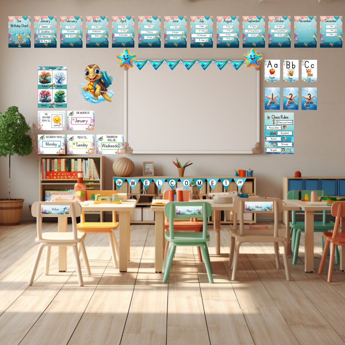 Under the Sea Classroom Theme Alphabet Flash Cards PDF Printable Number ...