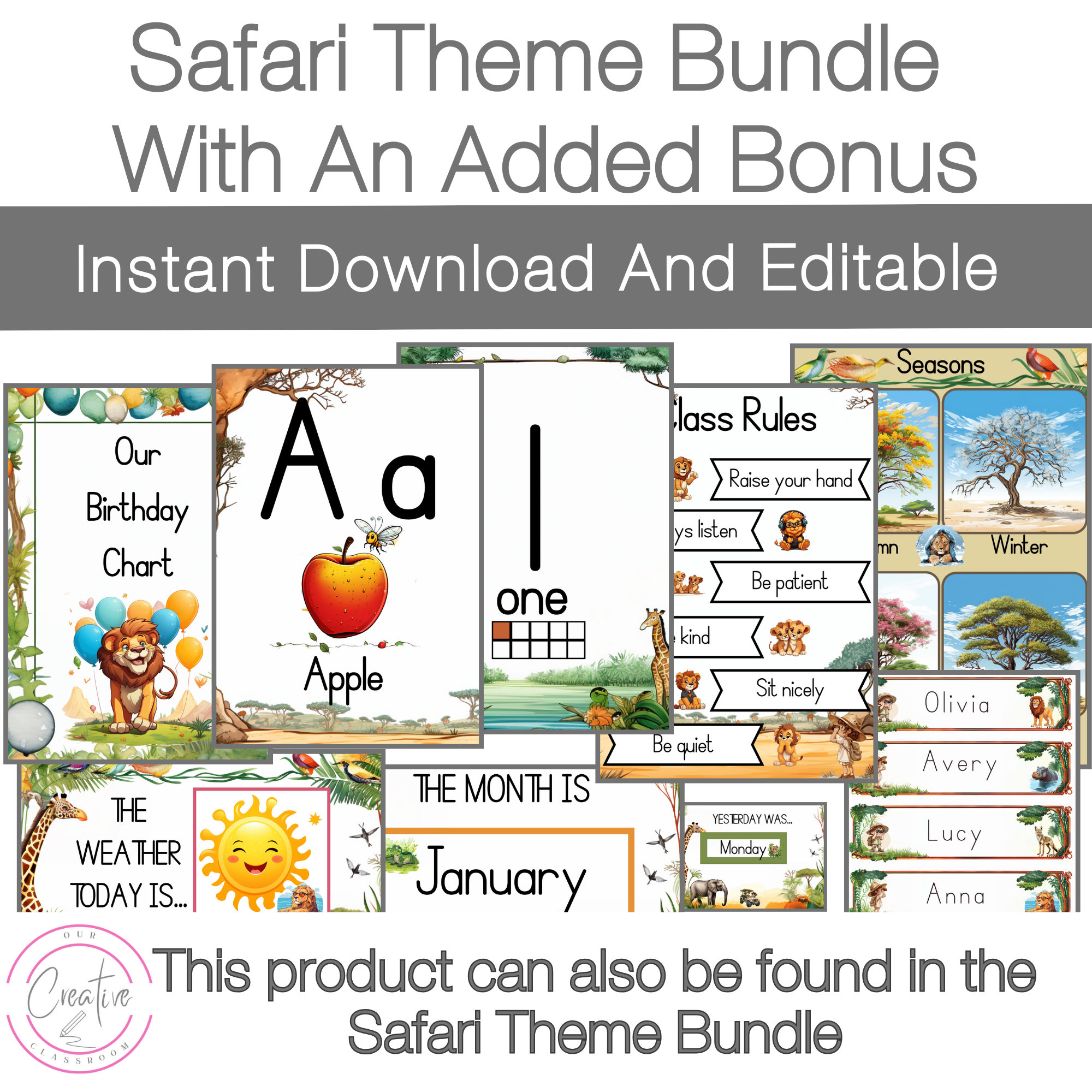 Safari Theme Classroom Kids Weather Chart Printable - All Seasons ...