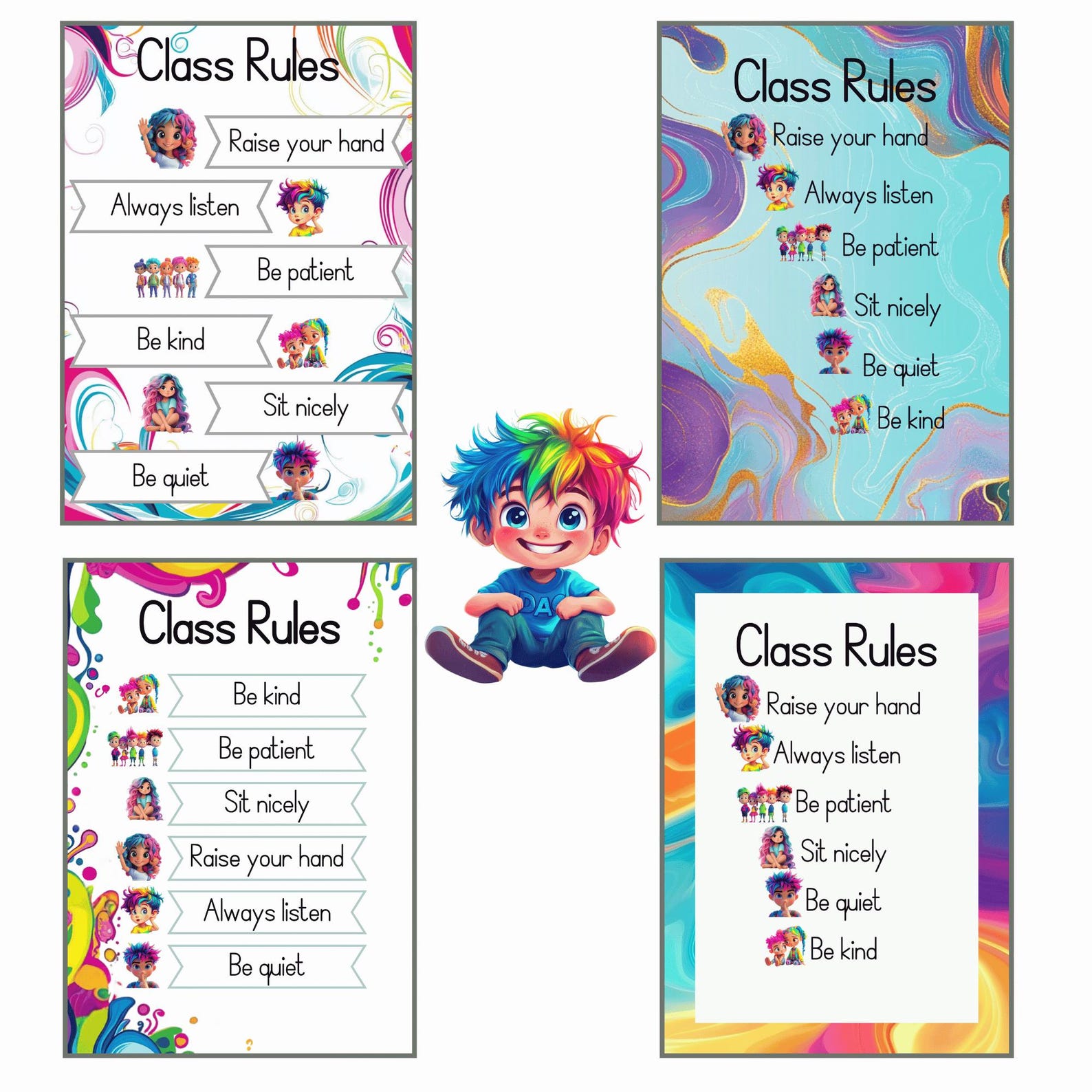 Colorful Classroom Theme Rules Posters Printable - Class Rules Posters ...