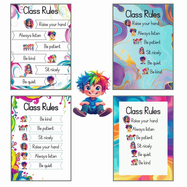 Colorful Classroom Theme Rules Posters Printable - Class Rules Posters ...