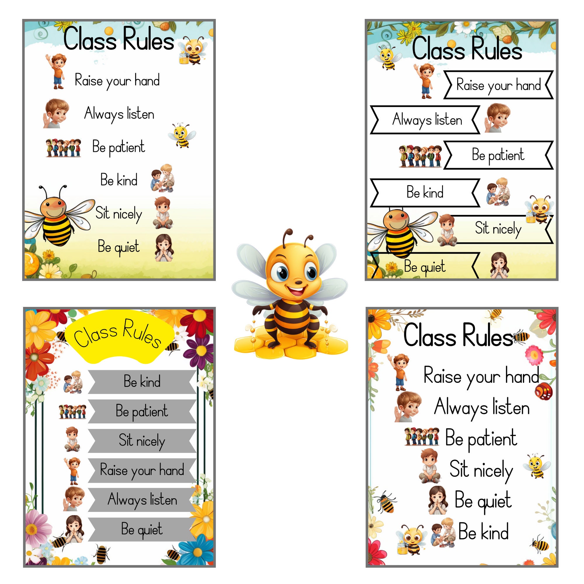 Bee Themed Classroom Rules Posters Printable - Class Rules for ...