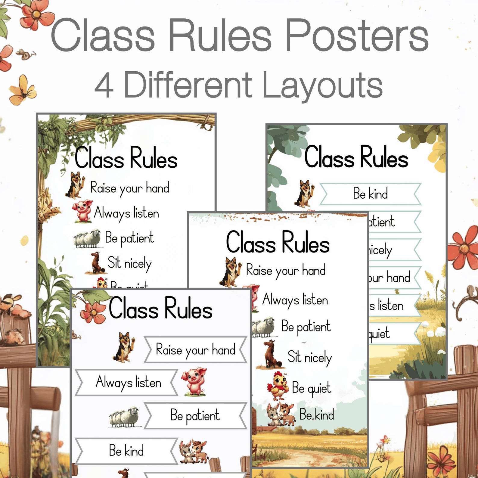 Farm Theme Classroom Rules Posters Printable - Class Rules Posters for ...