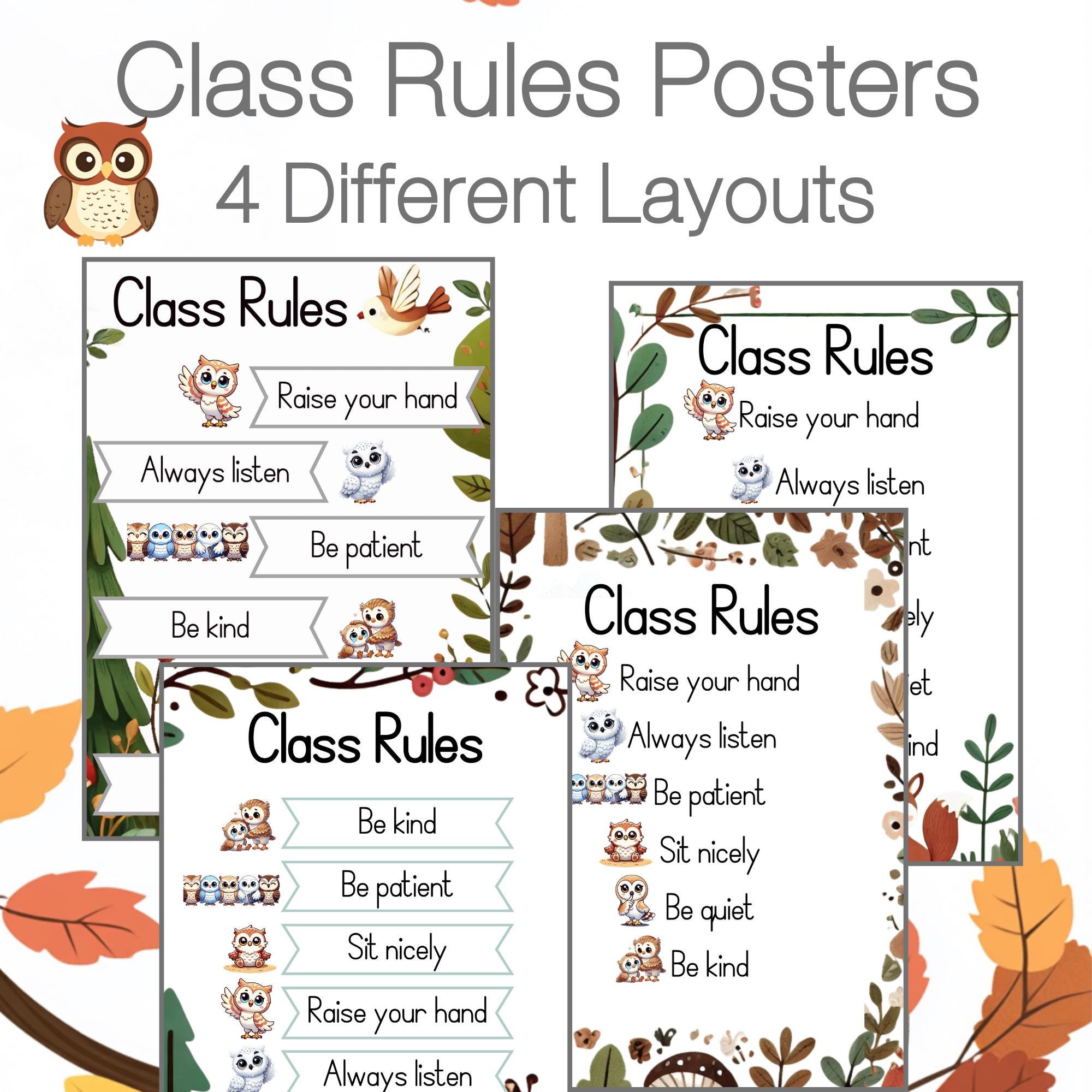 Owl Theme Classroom Rules Posters Printable - Class Rules Posters for ...