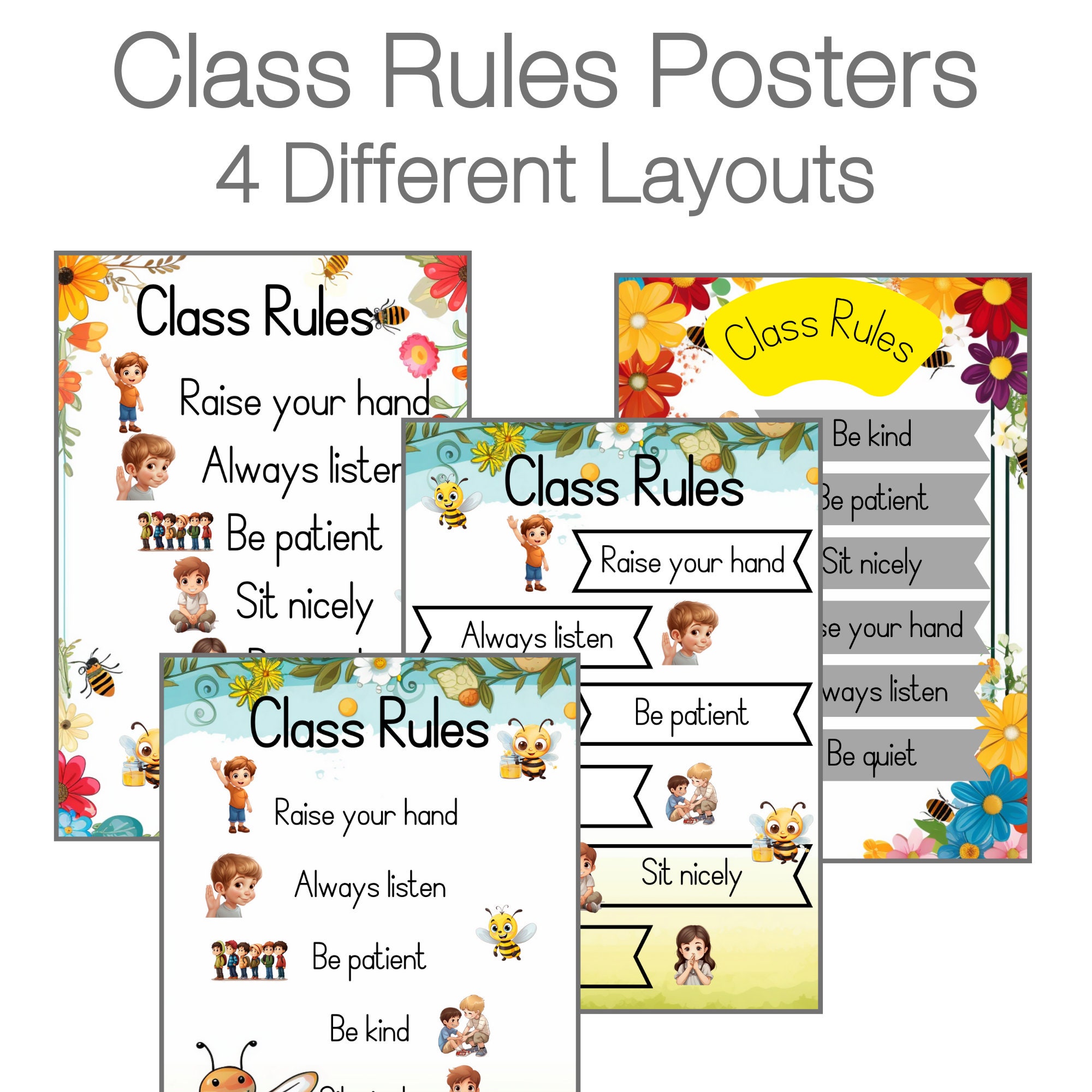 Bee Themed Classroom Rules Posters Printable - Class Rules for ...