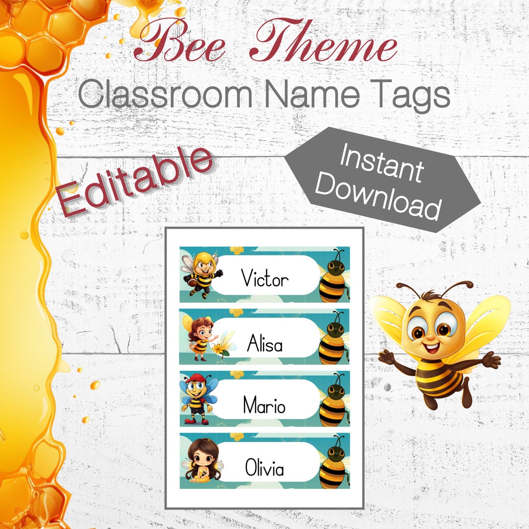 Bee Themed Classroom Name Tags Printable Name Tags for Kindergarten ...