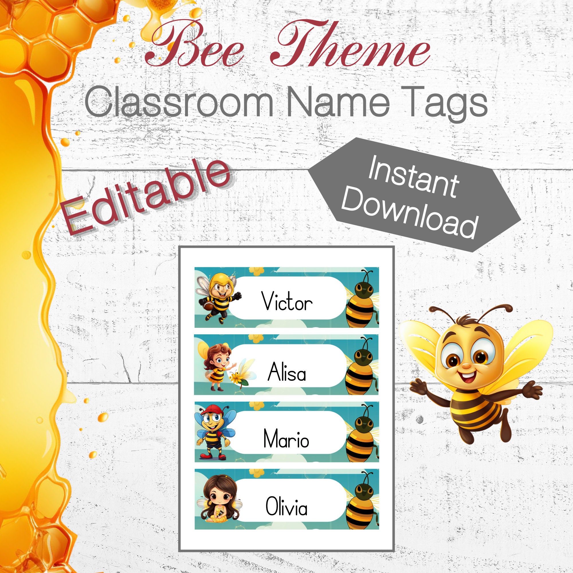 Bee Themed Classroom Name Tags Printable Name Tags for Kindergarten ...