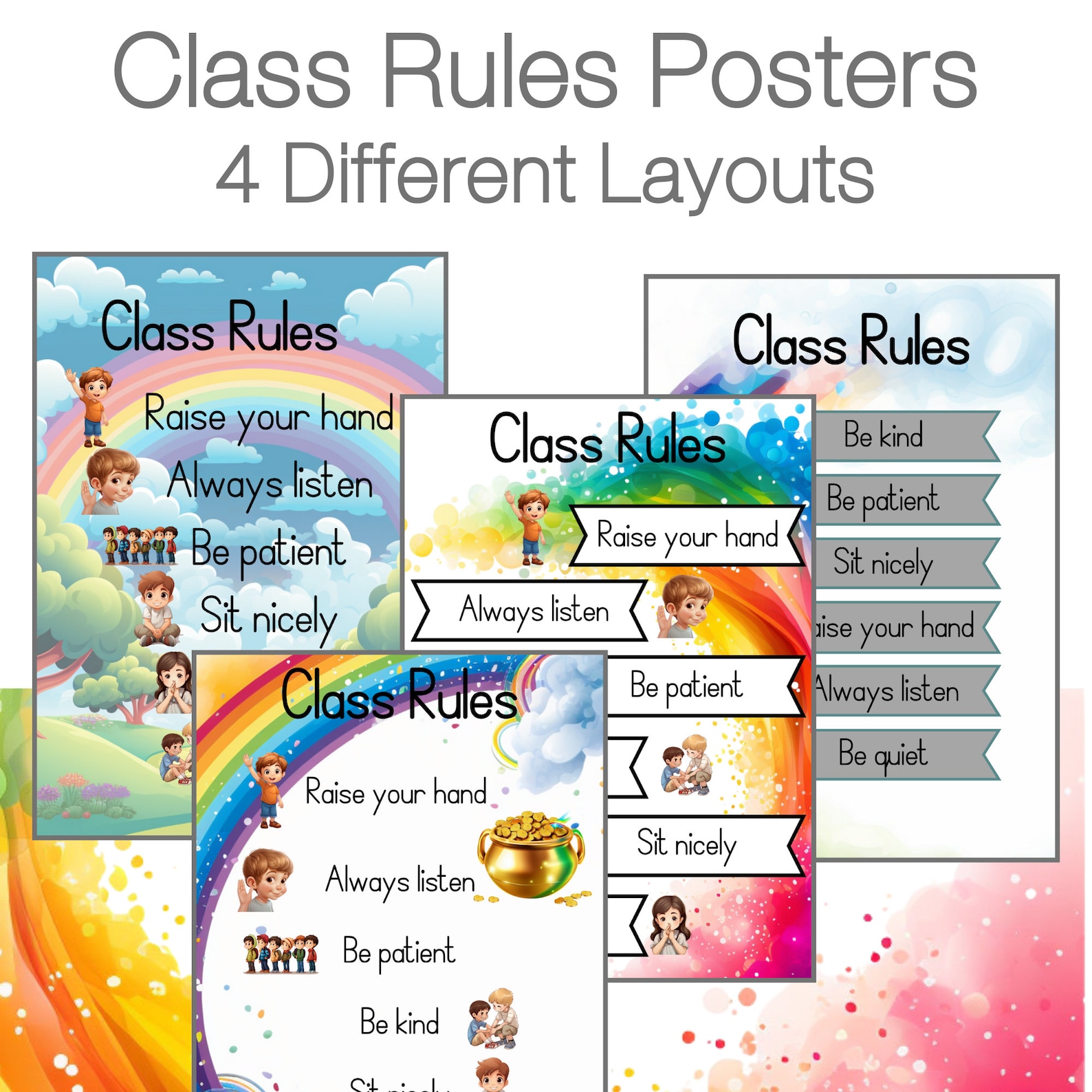 Rainbow Themed Classroom Rules Posters Printable - Class Rules for ...