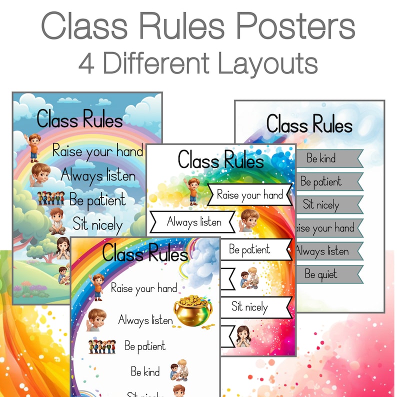 Rainbow Themed Classroom Rules Posters Printable - Class Rules for ...