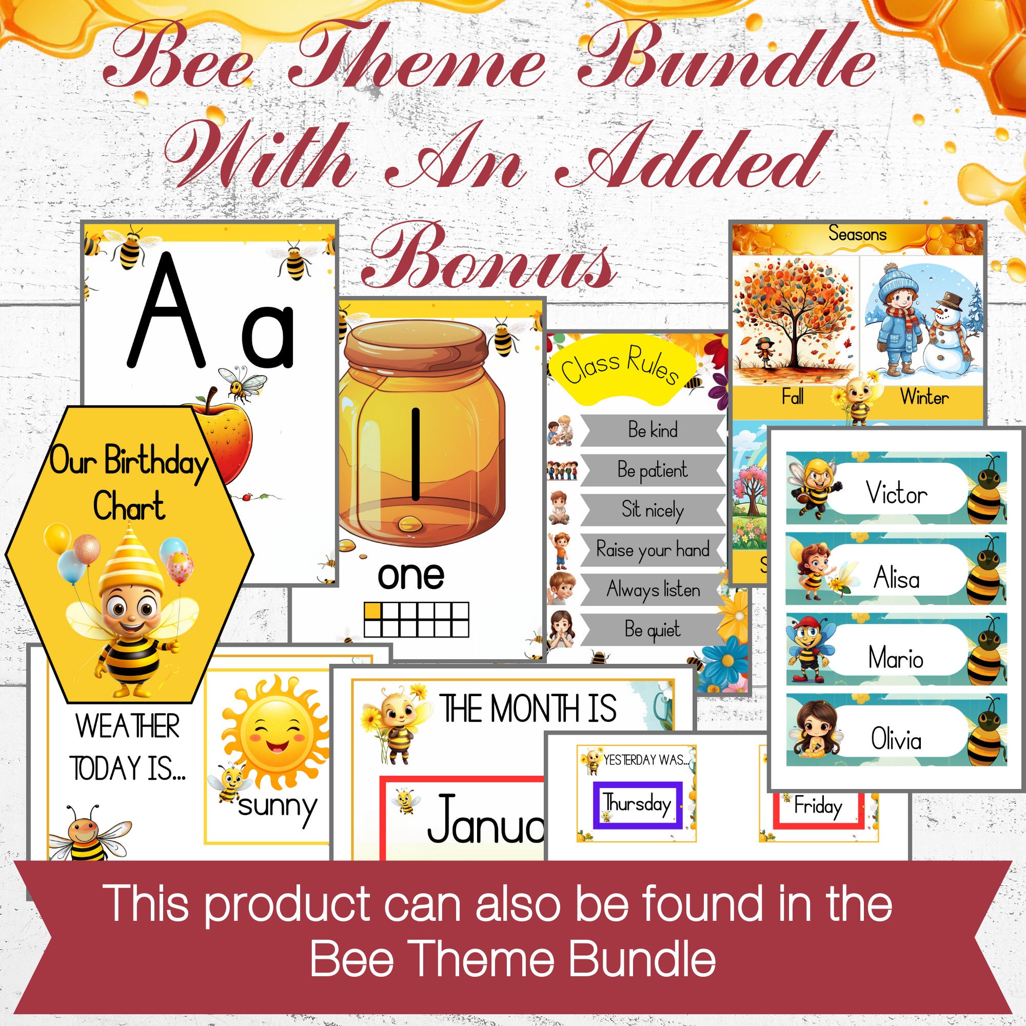 Bee Themed Classroom Kids Weather Chart Printable All Seasons Posters ...