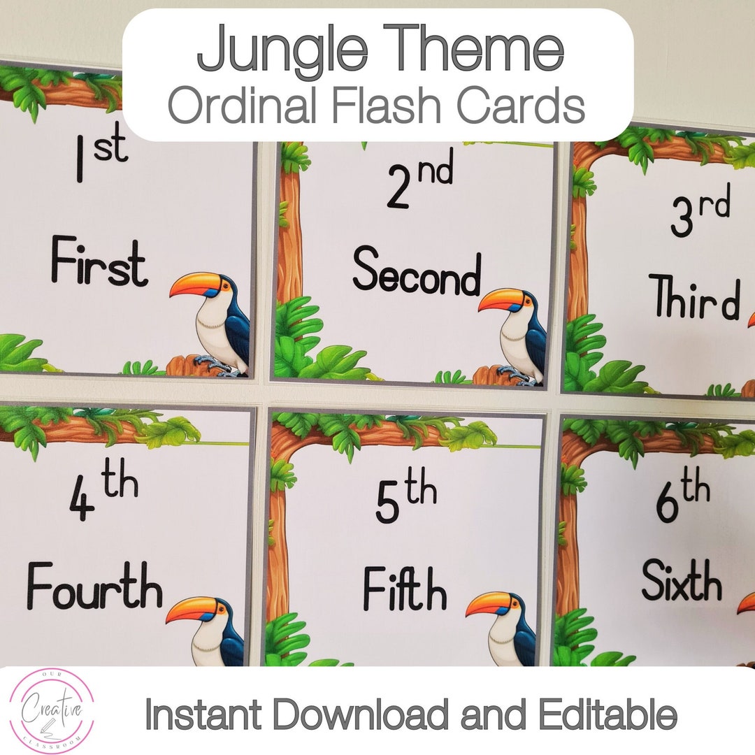 Jungle Classroom Theme Ordinal Numbers Poster Editable Flashcards ...