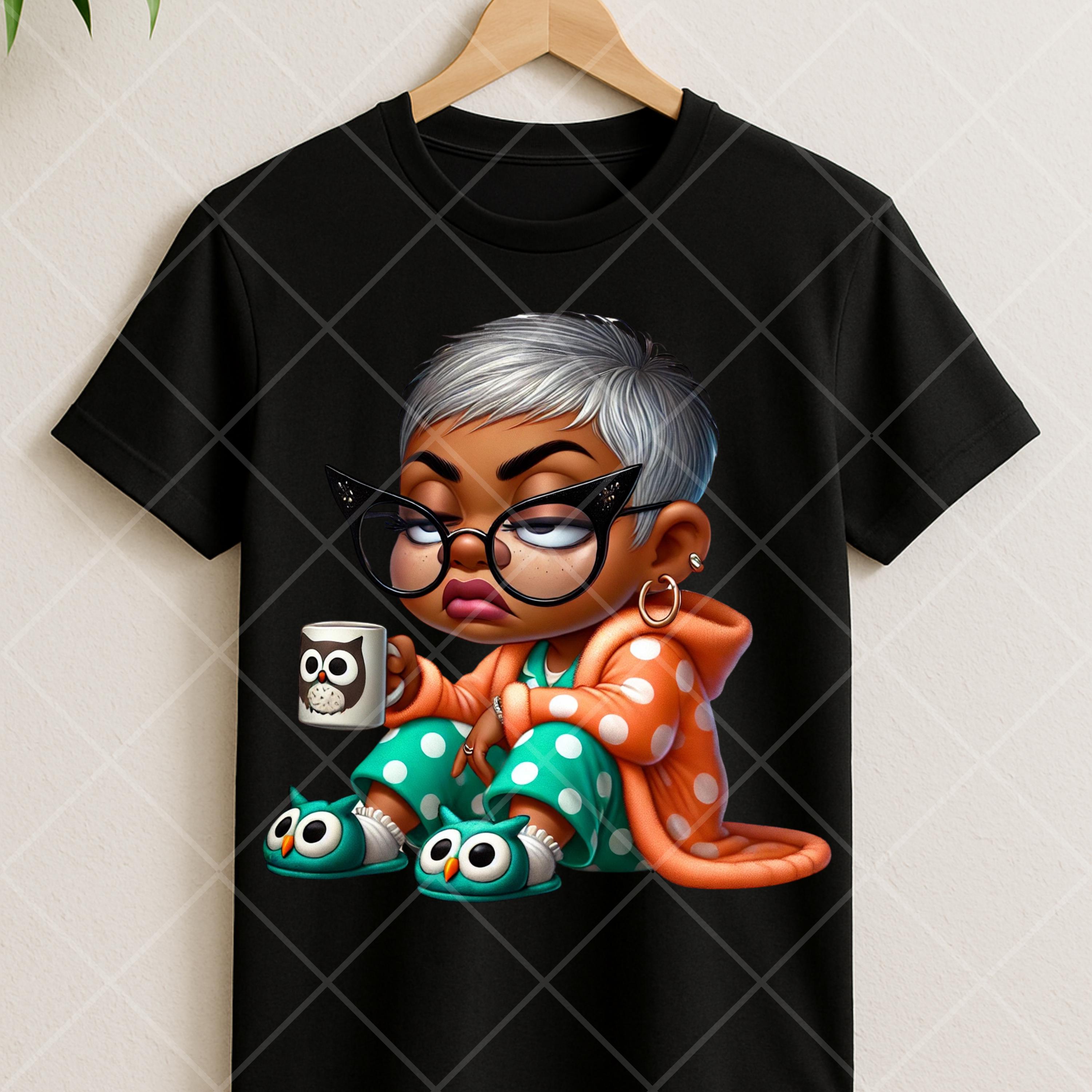 Sassy Gray Hair Woman Clipart: Pajama Coffee PNG Bundle (commercial Use ...