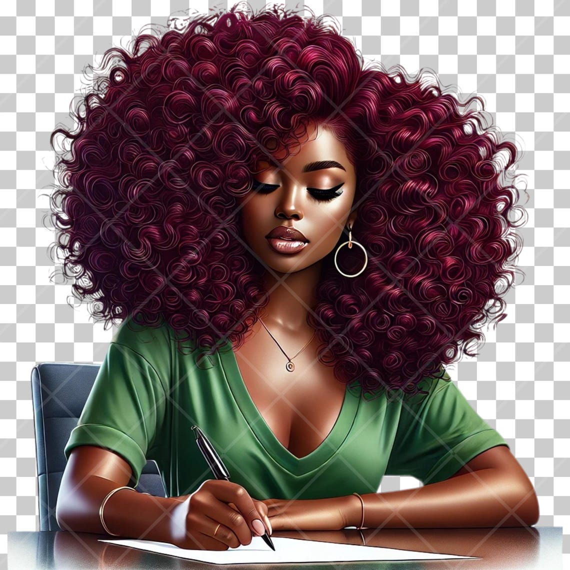 Curly Afro Black Woman Writing PNG | Melanin Girl Digital Art ...