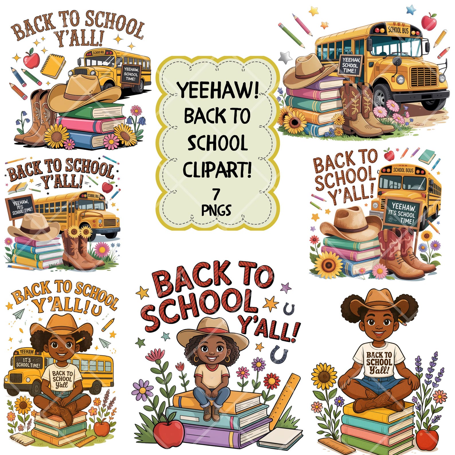 Western Back to School Clipart Bundle: Yeehaw PNG Graphics (commercial ...