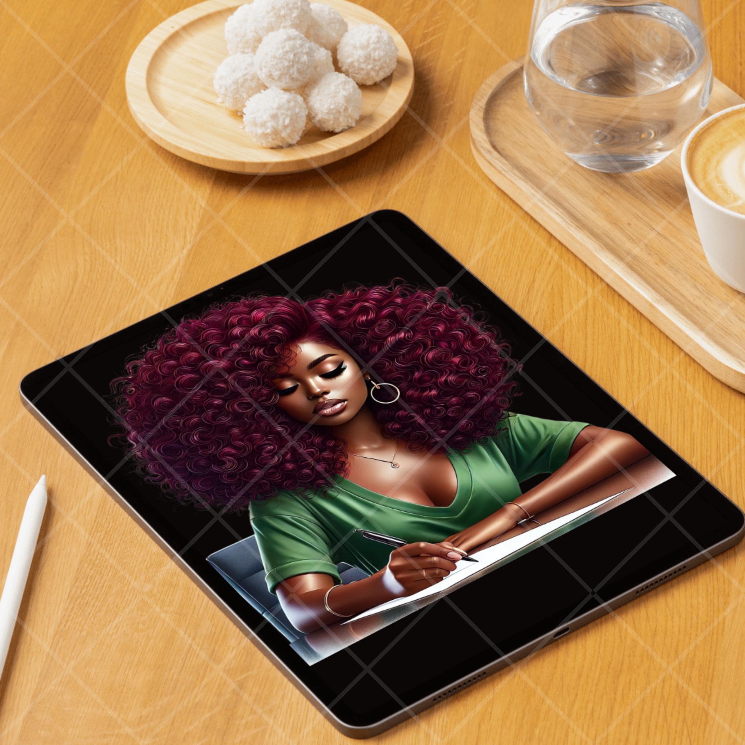 Curly Afro Black Woman Writing PNG | Melanin Girl Digital Art ...