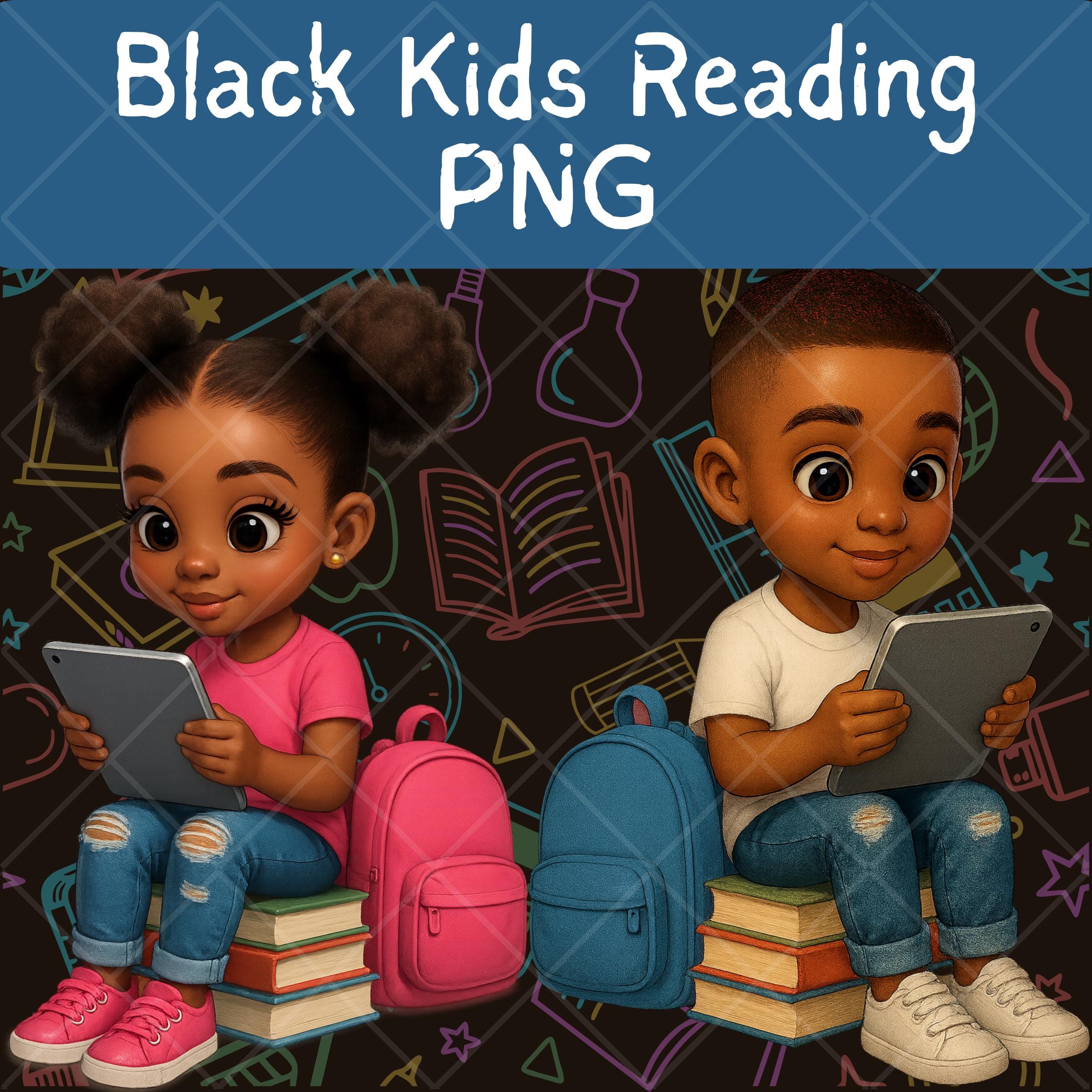 Black Kids Reading Clipart: School Boy & Girl PNG Bundle (digital ...