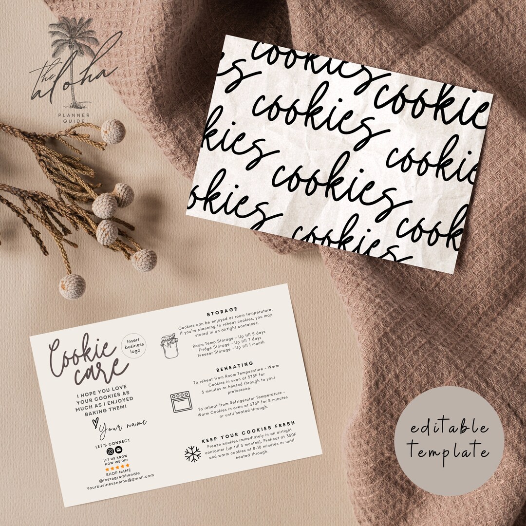 Editable Cookie Care Card Canva Template, Cookie Card Template, Minimal ...
