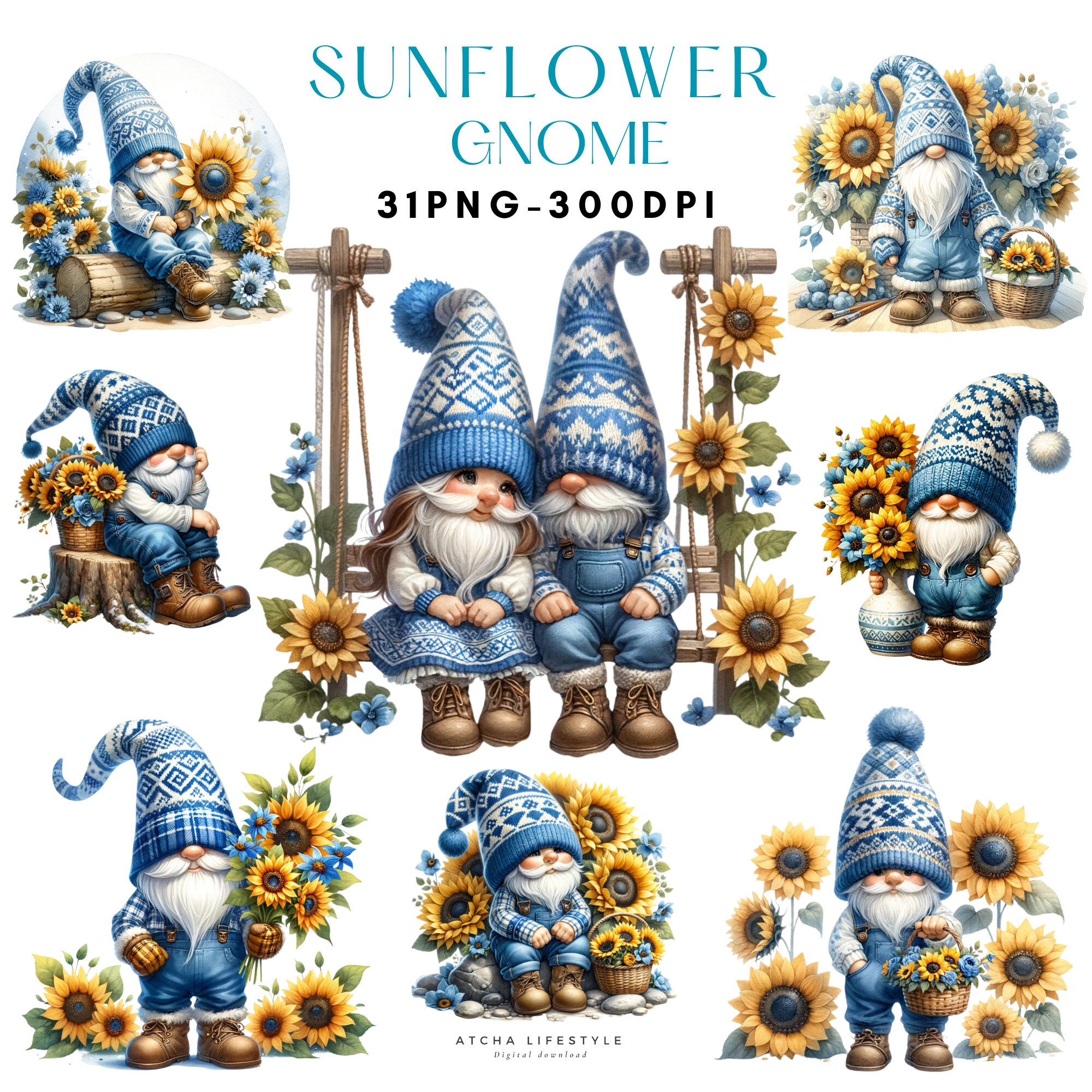 Sunflower Gnomes Watercolor Clipart, Spring Gnomes, Watercolor Gnomes ...