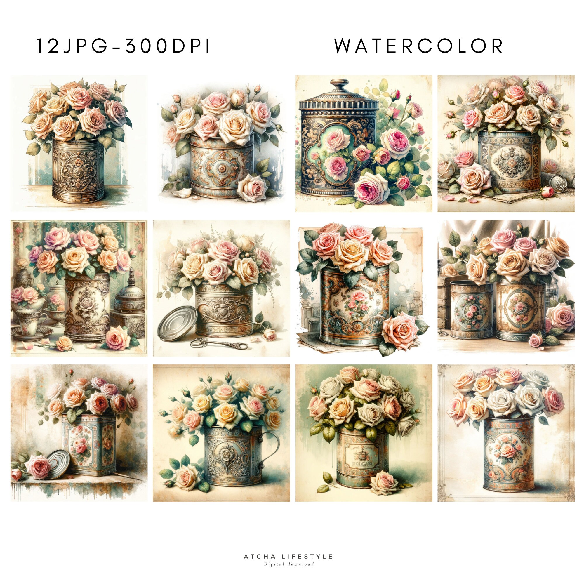 Shabby Chic Cans and Roses Clipart Bundle, 12jpgs, Watercolor Jpgs ...