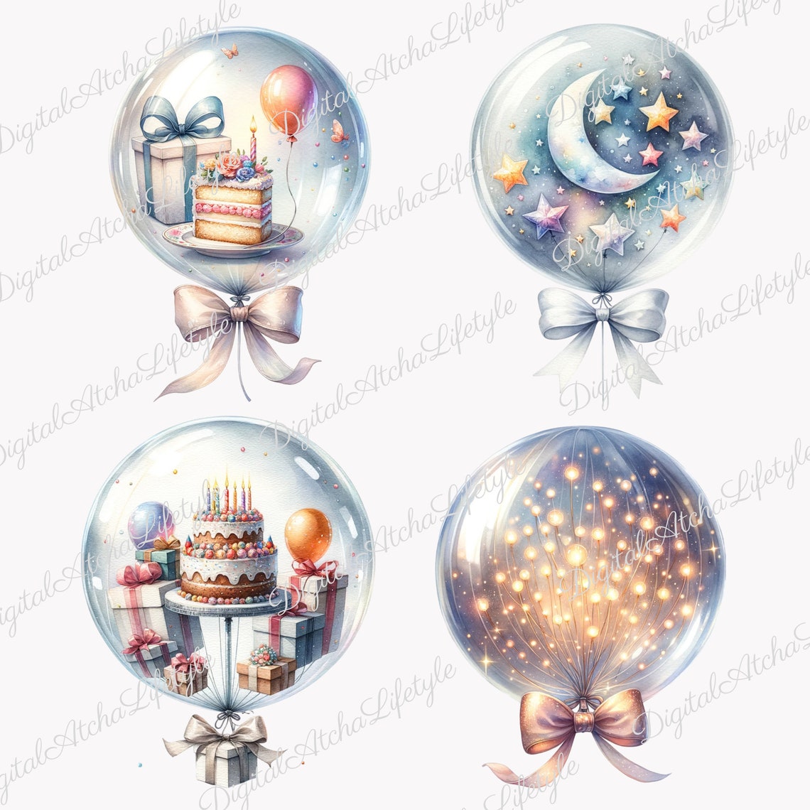 Watercolor Birthday Balloons Clipart Bundle, 20 High Quality PNG Files ...