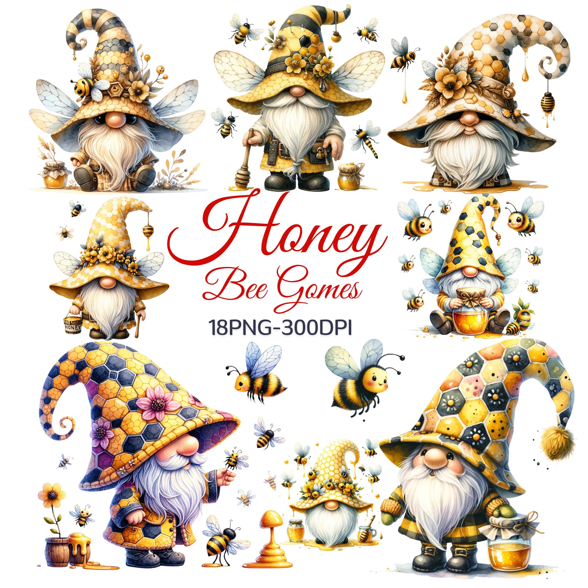Honey Bee Gnomes Watercolor Clipart PNG, Watercolor Honey Bee Gnomes ...