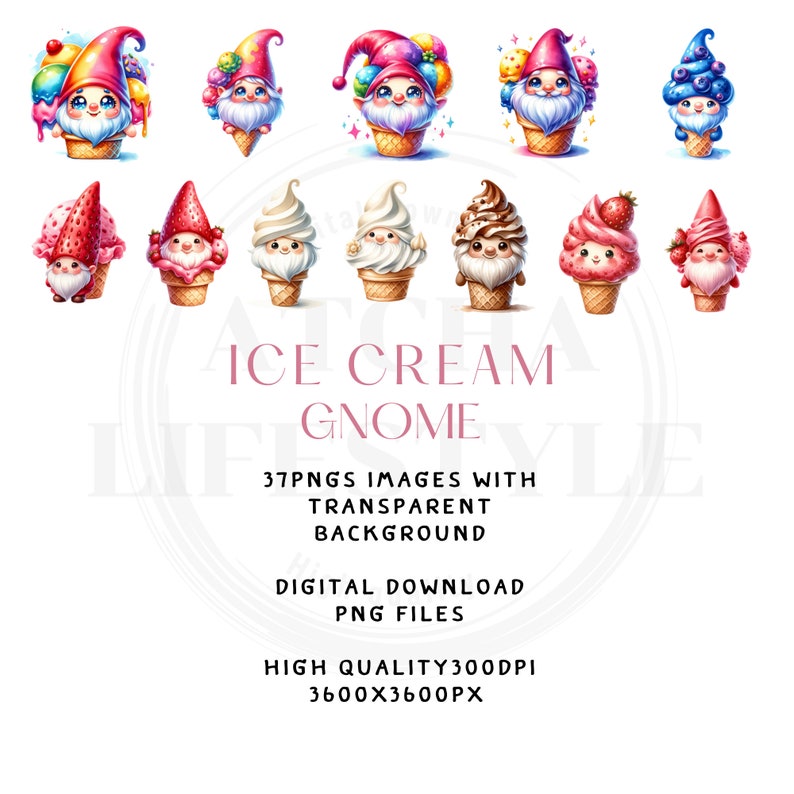 Ice Cream Gnome Watercolor Clipart,ice Cream Gnome, Ice Cream Gnomes ...