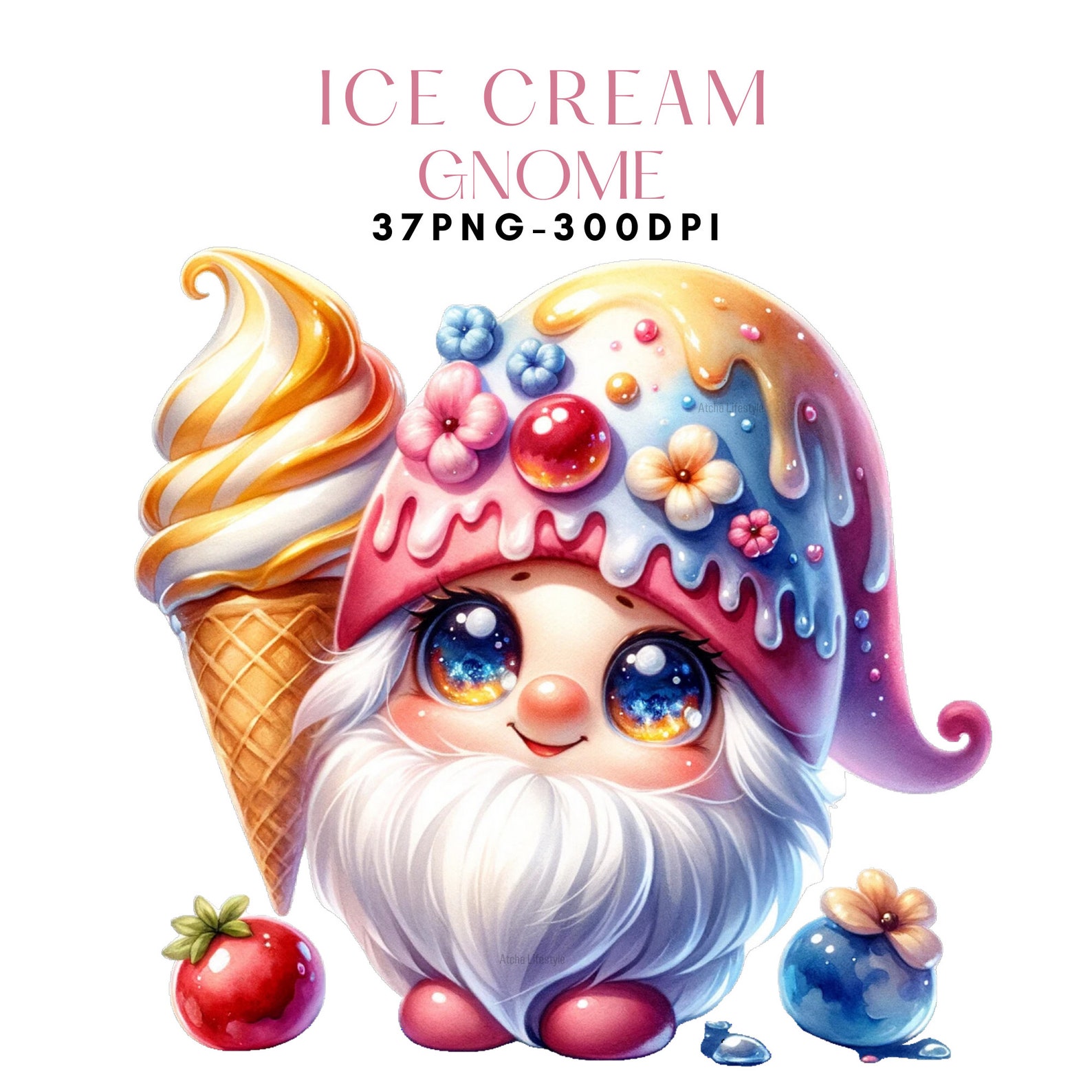 Ice Cream Gnome Watercolor Clipart,ice Cream Gnome, Ice Cream Gnomes ...