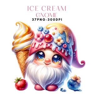 Ice Cream Gnome Watercolor Clipart,ice Cream Gnome, Ice Cream Gnomes ...