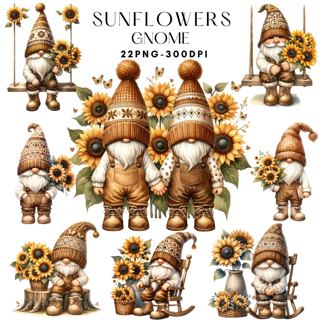 Sunflower Gnomes Watercolor Clipart, Spring Gnomes, Sunflower Gnomes ...