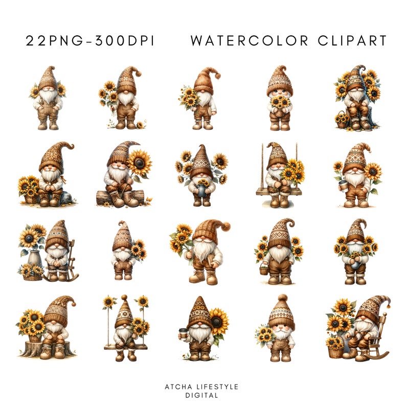 Sunflower Gnomes Watercolor Clipart, Spring Gnomes, Sunflower Gnomes ...