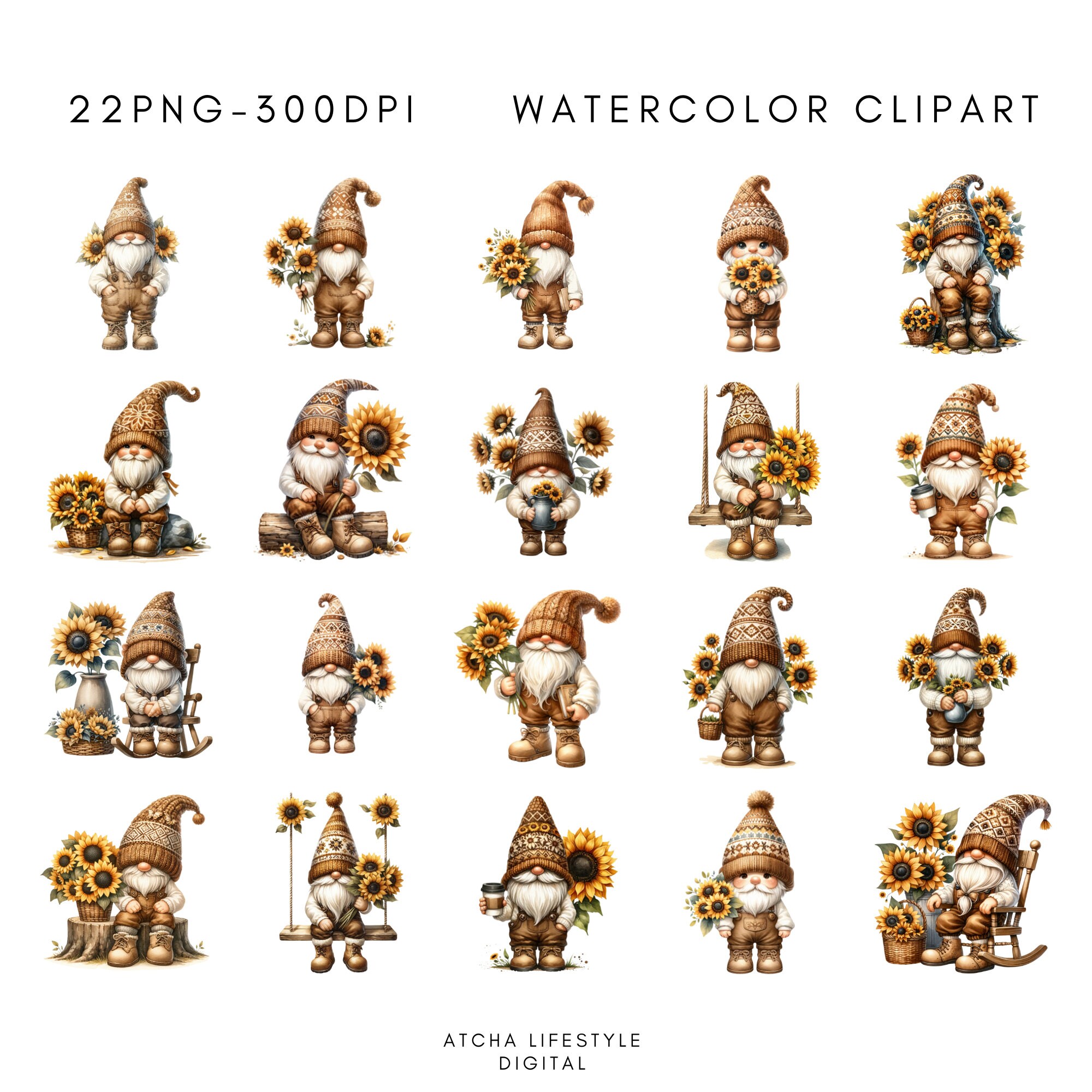 Sunflower Gnomes Watercolor Clipart, Spring Gnomes, Sunflower Gnomes ...