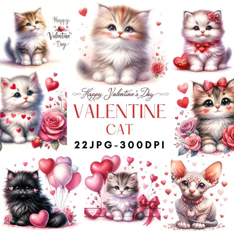 Valentine Cat Clipart Bundle,22 High Quality Watercolor JPG Image - 12 ...