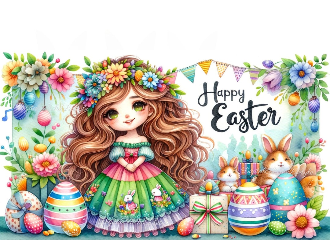 Watercolor Easter Girl Clipart, 1 High Quality JPG Files, Easter Eggs ...