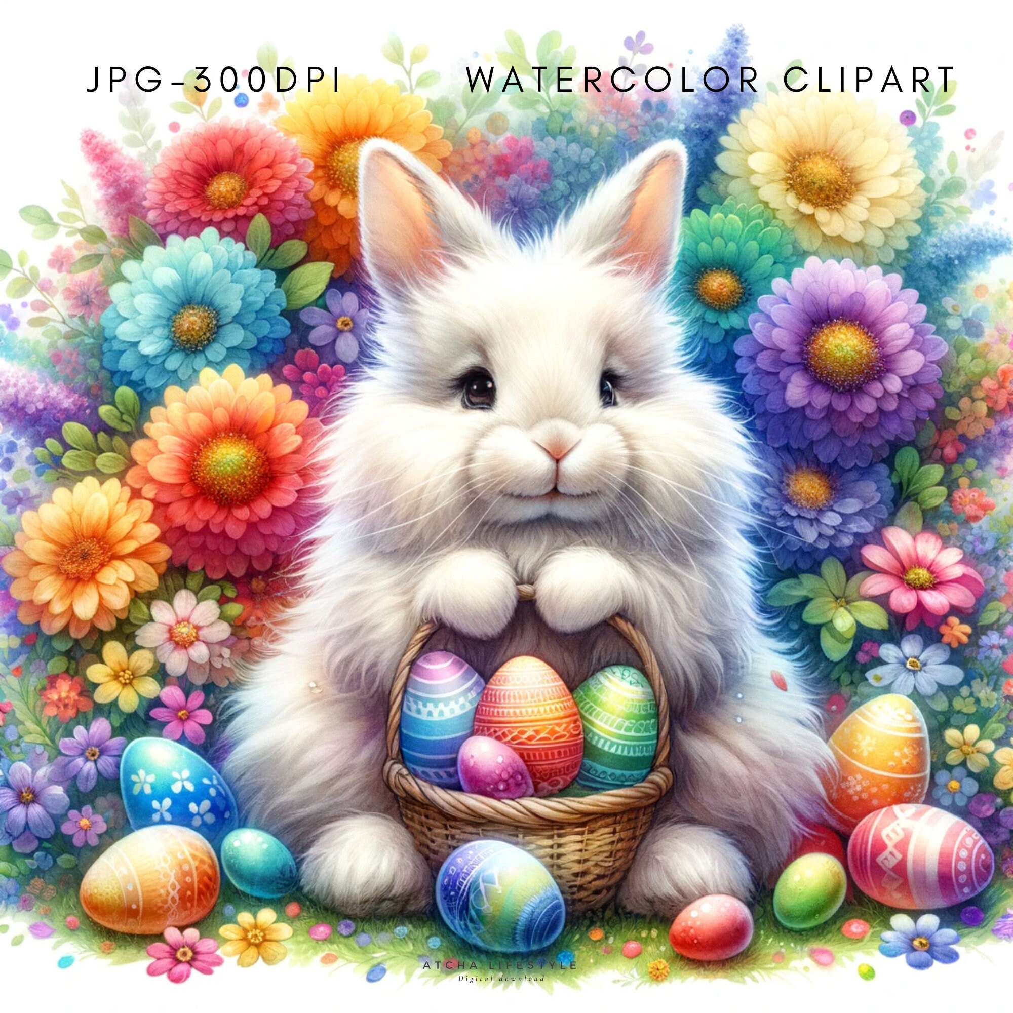 Watercolor Cute Easter Bunny Clipart, JPG Easter Egg, Easter Basket ...