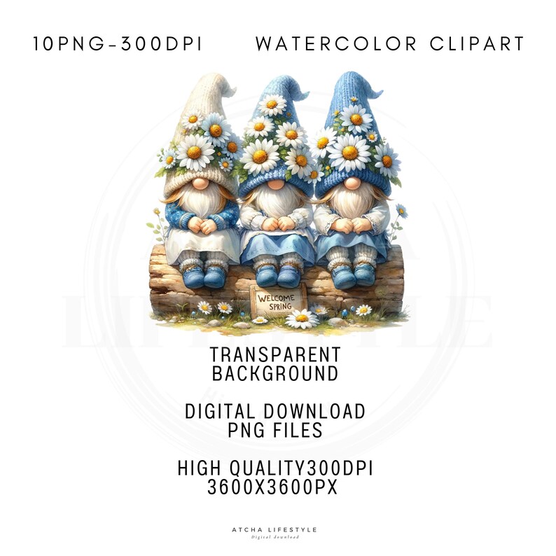 Spring Daisy Gnome Watercolor Clipart Bundle, Daisy Gnome PNG, Welcome ...
