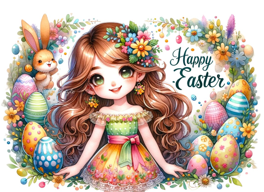 Watercolor Easter Girl Clipart, 1 High Quality PNG Files, Easter Eggs ...