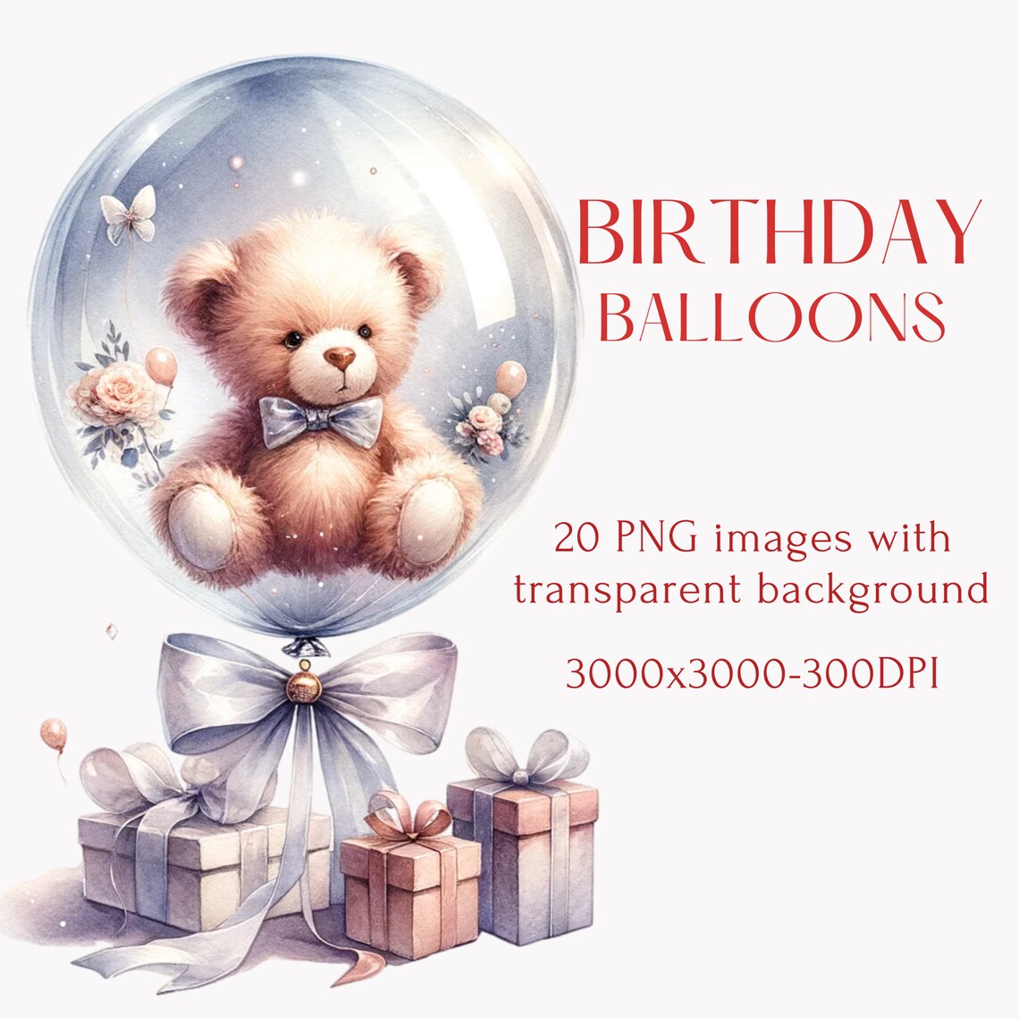Watercolor Birthday Balloons Clipart Bundle, 20 High Quality PNG Files ...