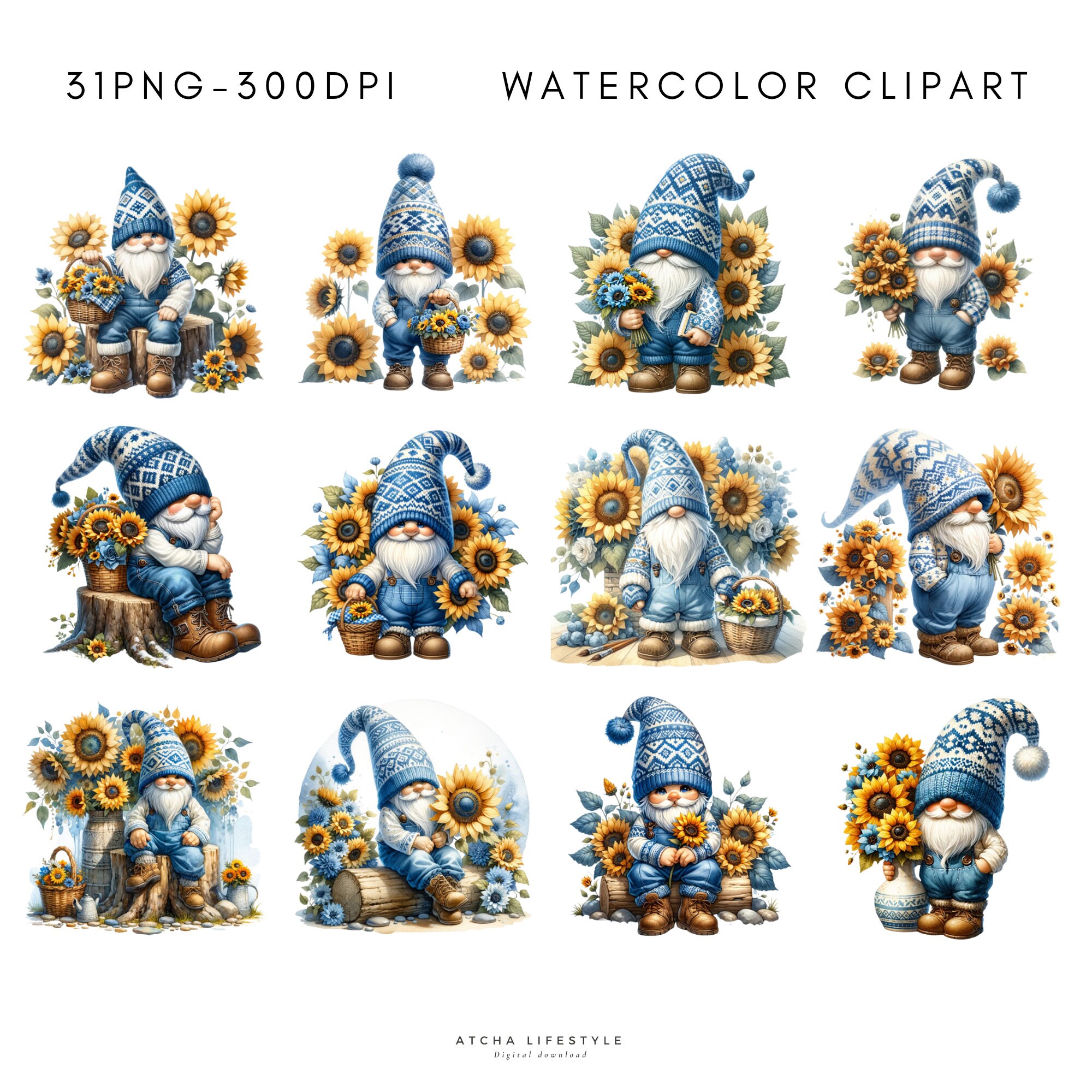 Sunflower Gnomes Watercolor Clipart, Spring Gnomes, Watercolor Gnomes ...