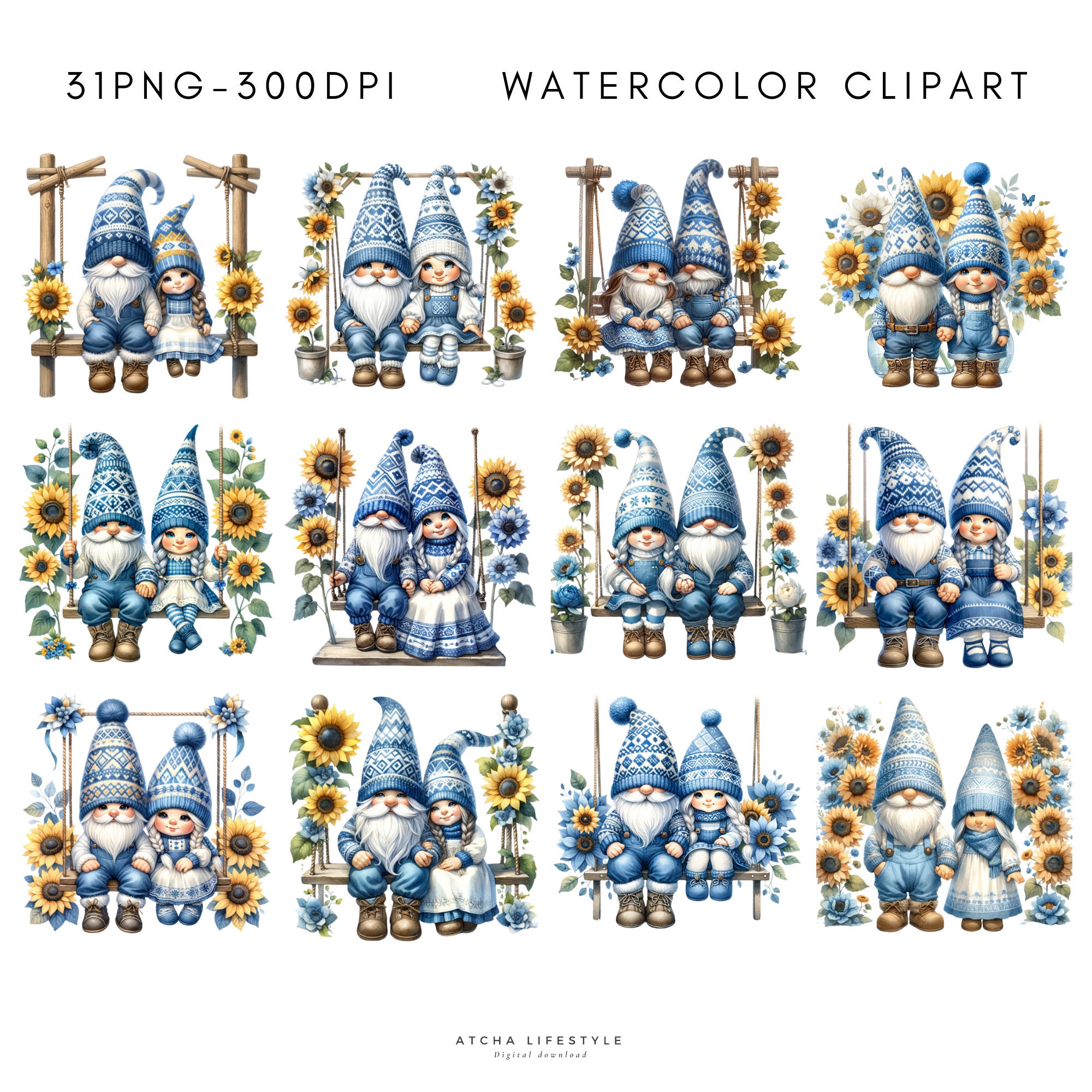 Sunflower Gnomes Watercolor Clipart, Spring Gnomes, Watercolor Gnomes ...