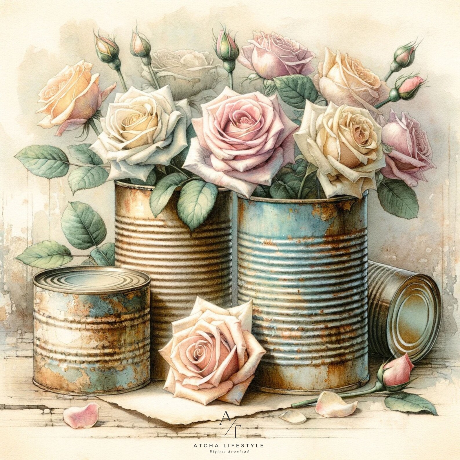 Shabby Chic Cans and Roses Clipart Bundle, 12jpgs, Watercolor Jpgs ...